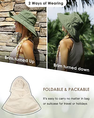 Hatiis Sun Hats for Women Gardening Beach Sun Protection Breathable Cotton Summer Hat with Fold-Up Wide Brim (Green, Medium)