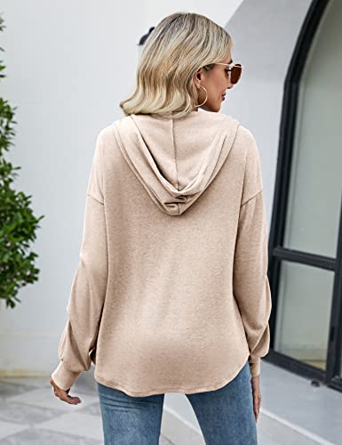 Conmite Womens Drawstring Pullover Hoodies Casual Long Sleeve Tops V Neck Drop Shoulder Sweatshirts Apricot L