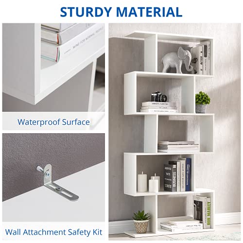 Cozy Castle Set of 2 Geometric Bookcase, S-Shaped Modern Bookshelf, Room Divider Bookshelf, 62" Tall Unique Abstract Bookcase with 5-Tier Display Shelf for Living Room Office, White