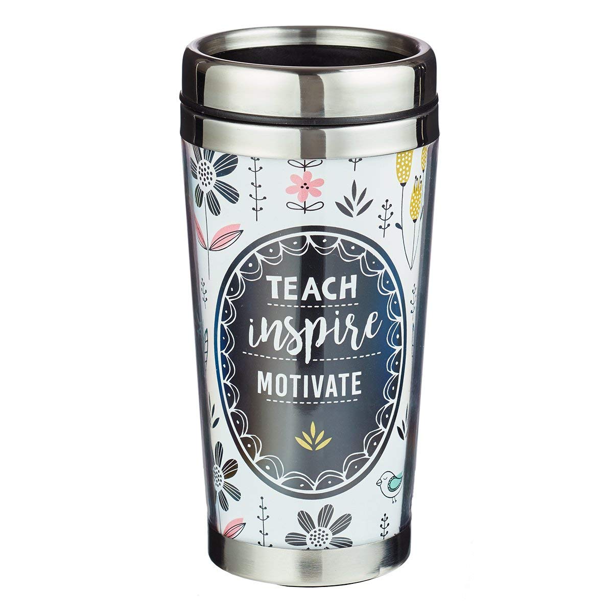 Christian Art Gifts Teach Inspire Motivate Black Travel Coffee Mug Thermal Tumbler with Design Wrap, Lid and Stainless Steel Interior (16oz Vacuum Insulated Break Resistant Polymer Exterior)