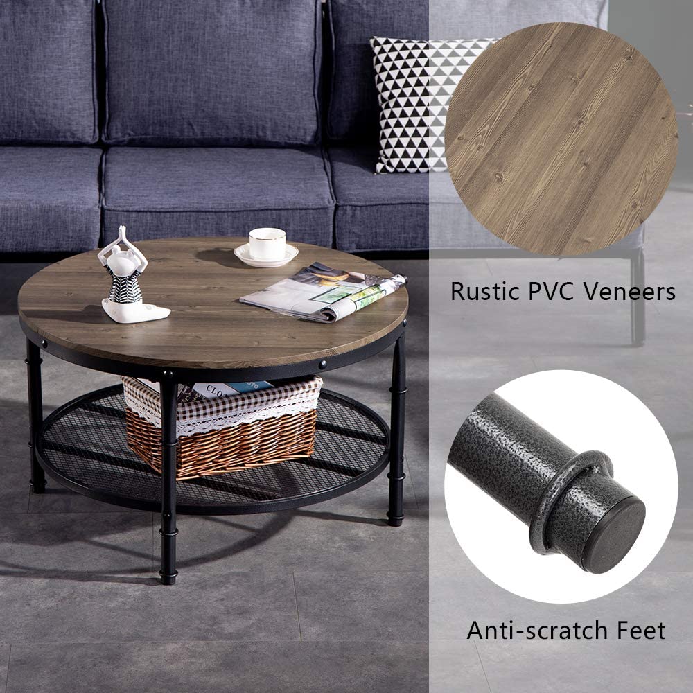 Bonnlo Circle Coffee Table, 31.5" Small Round Coffee Table Industrial Coffee Table Round Farmhouse Coffee Table in 2-Tier, Coffee Table with Storage Wire Coffee Table Lobby Coffee Table, Rustic