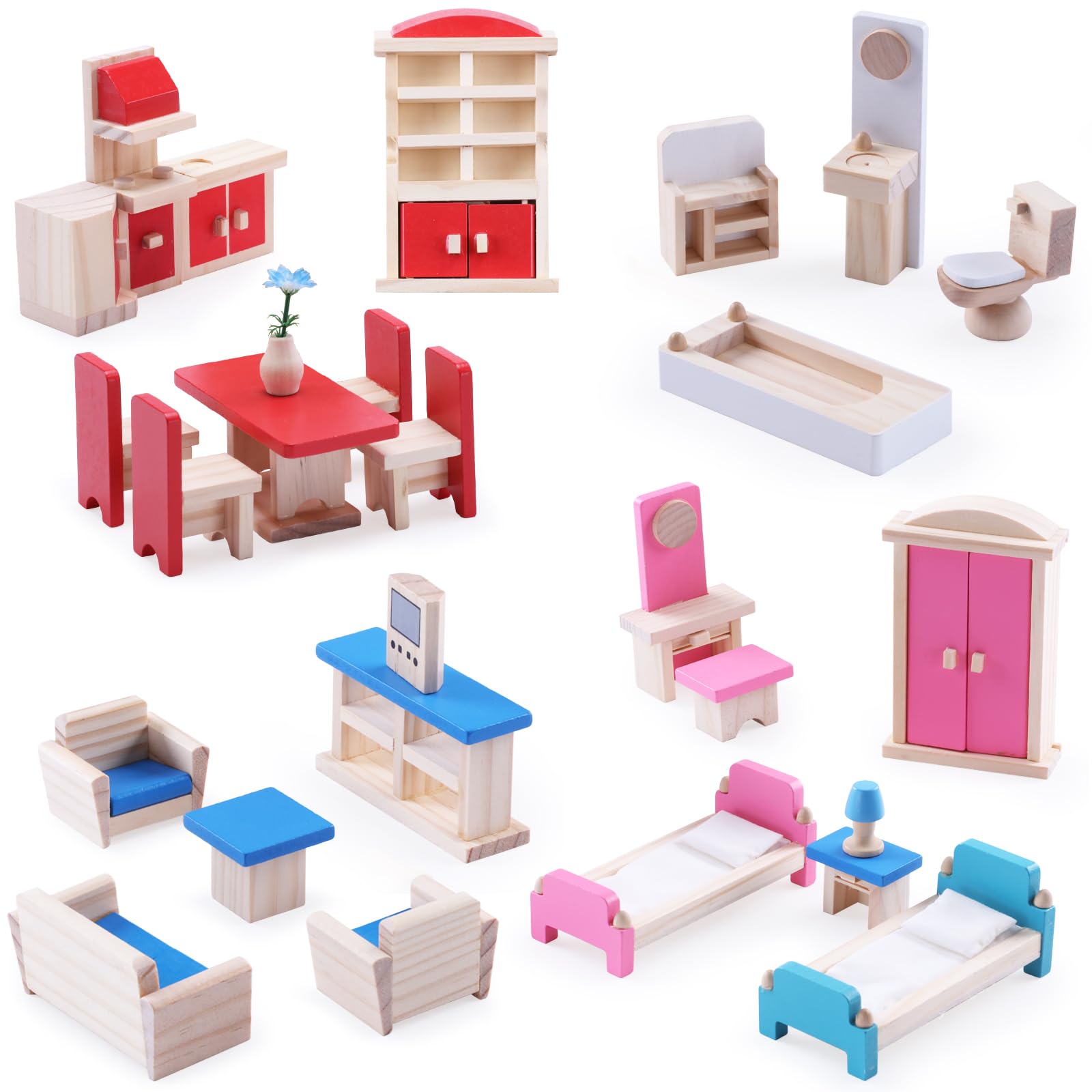 Toydaze Wooden Dollhouse Furniture Set with 35pcs Furnitures with 4 Family Dolls, Dollhouse Accessories are Gift for Girls Boys Age 3+