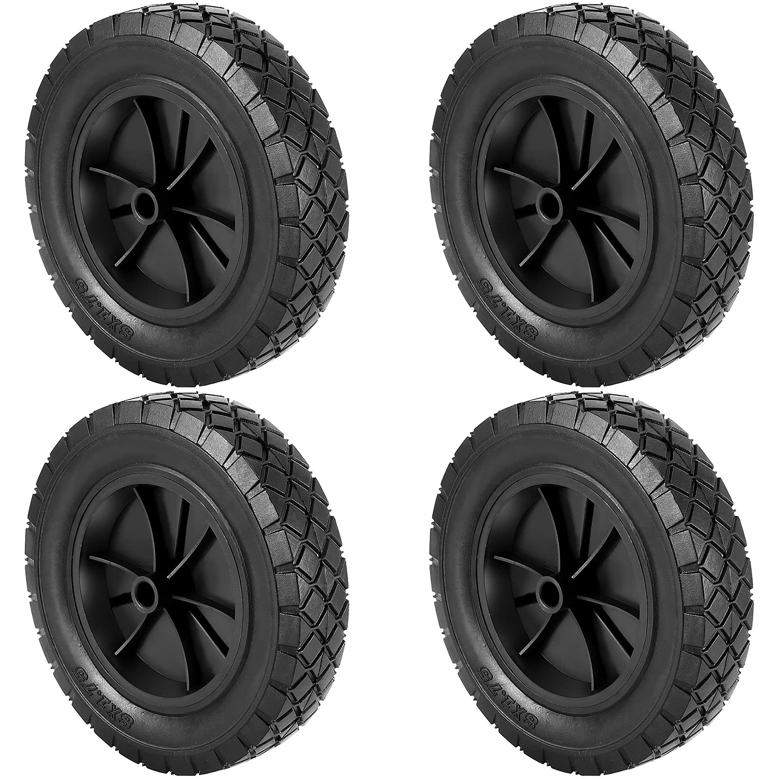 HEIHAK 4 PCS 8 x 1.75 inch Solid Rubber Hand Truck Wheel, Universal Flat Free Lawn Mower Wheels with 1/2 Inch Axle, Replacement Tire for Hand Truck Dolly Cart Compressor, 110 LBS Load Capacity