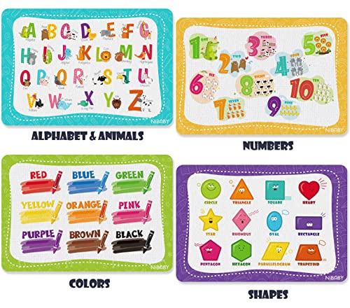 NiBaby Kids' Non Slip Educational Placemats Set of 4 Washable, Children's Interactive Placemats Foldable, Toddler Placemats for Learning Alphabet, Numbers, Shapes, Colors- Durable Reusable PU Leather