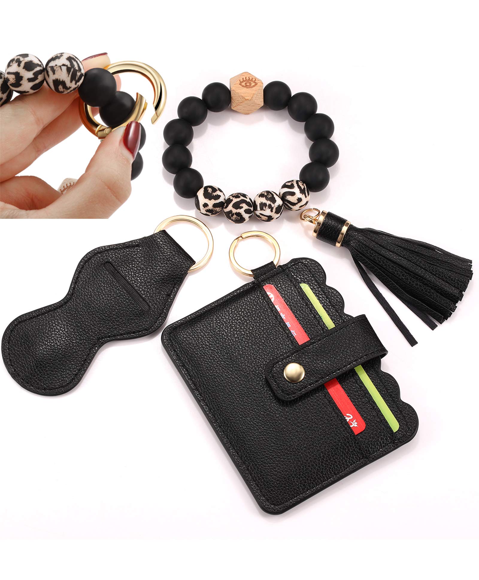 BVGA Wristlet Keychain Bracelet with Wallet,Silicone Bead keyring Bracelet Bangle Car Key Ring Holder Tassel Keyring for Women