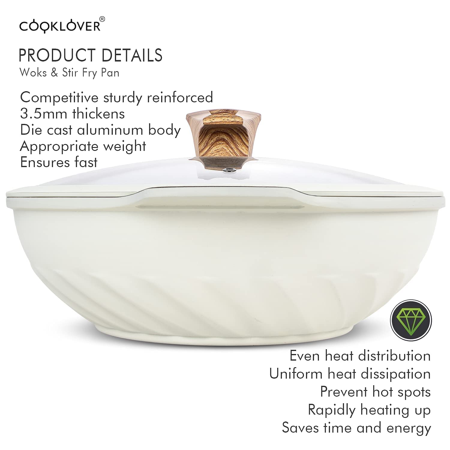 COOKLOVER Nonstick Induction Wok-12.6inch - White & 11 inch Nonstick Stir Fry Pan with Lid β White