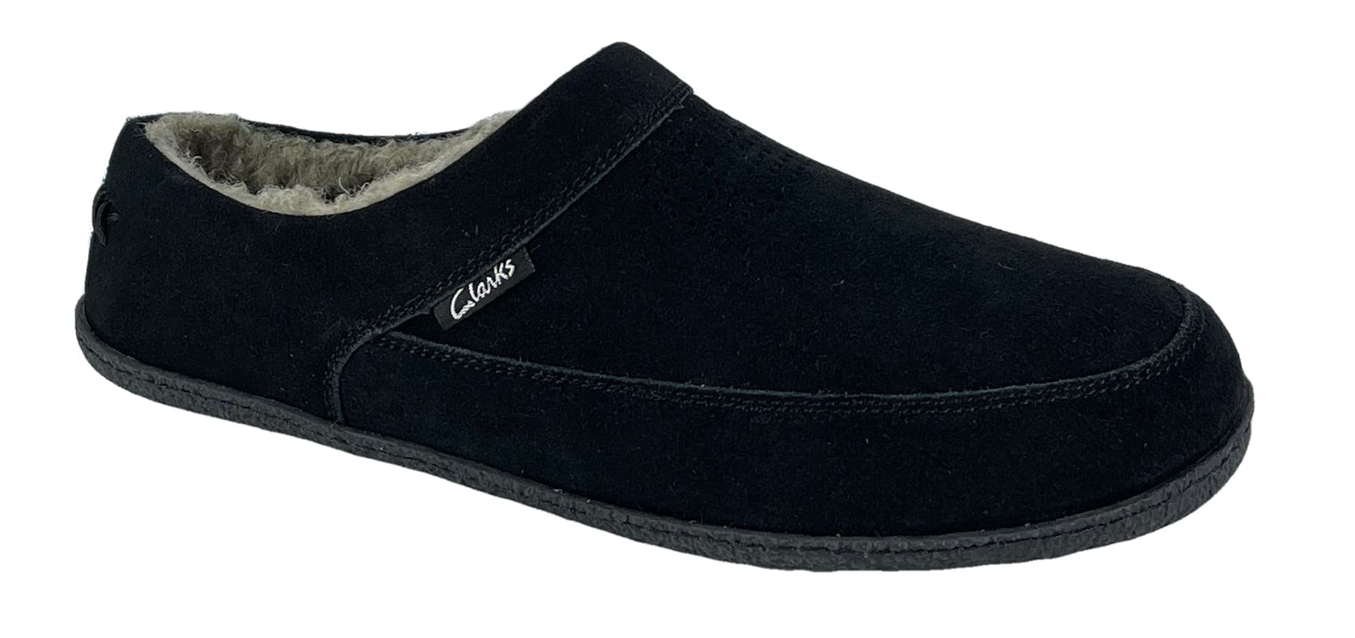 Clarks Mens Slipper Perforated Suede Leather Upper JMS0721 - Warm Plush Sherpa Lining - Indoor Outdoor House Slippers For Men (10 M US, Black)