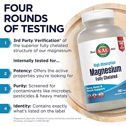 KAL Magnesium Glycinate Tablets, Fully Chelated, High Absorption Formula with Magnesium Bisglycinate Chelate for Nerve, Muscle & Bone Health Support, Vegan, Gluten Free, Value Size, 240 Tablets