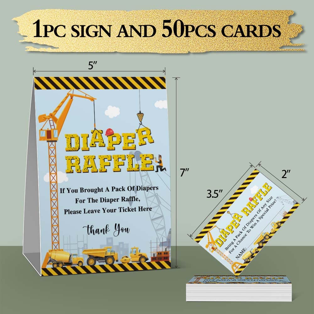 Diaper Raffle Sign, Diaper Raffle Baby Shower Game Kit (1 Standing Sign + 50 Guessing Cards), Construction Theme Insert Ticket,Baby Showers Decorations