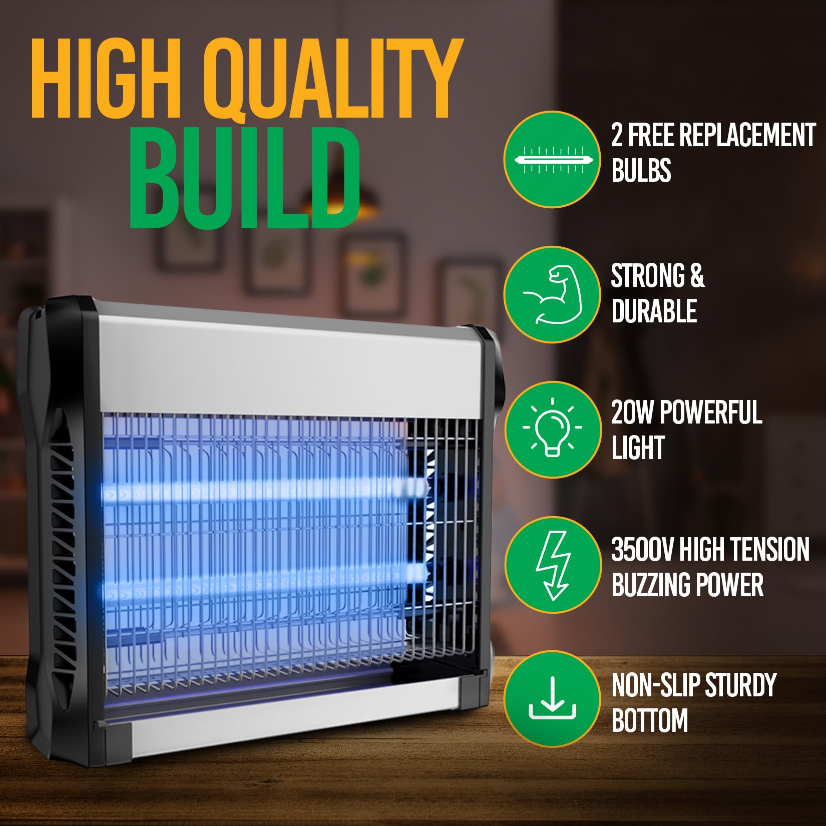BUGG OFF Indoor Electric Bug Zapper, 800 SQFT Coverage, 3500 Volts of Stunning Power, 20 Watts, Kills Mosquitos Gnats, Flys & More. 5 Year Warranty, X2 Free Repalcment Bulb