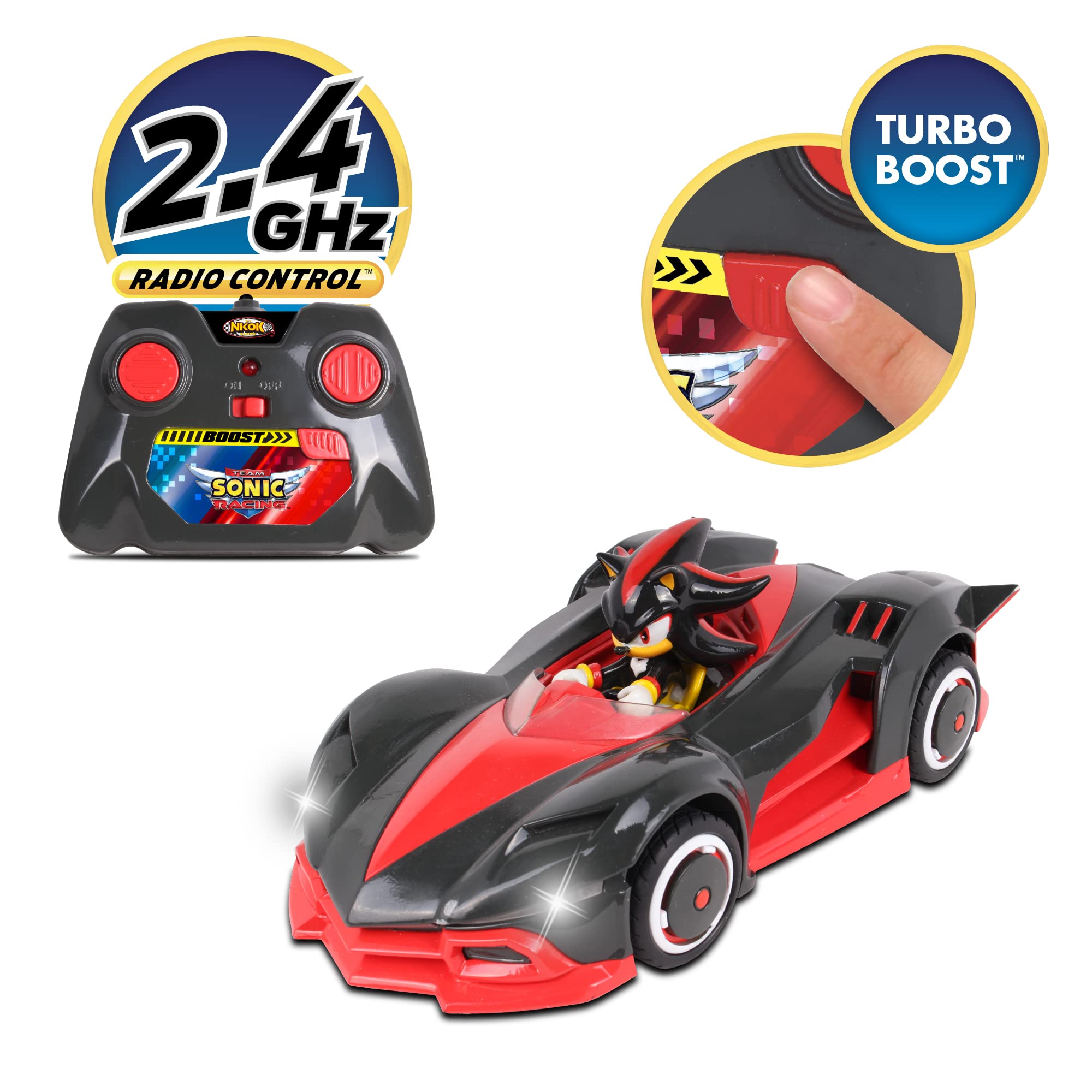 NKOK Team Sonic Racing 2.4GHz Radio Control Toy Car with Turbo Boost - Shadow The Hedgehog 602, Red, Turbo Boost Feature, Features Working Lights, for Ages 6 and up