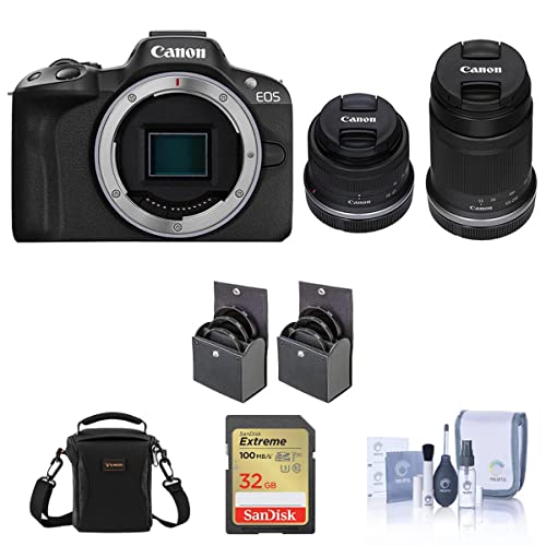 Canon EOS R50 Camera, Black with RF-S 18-45mm f/4.5-6.3, RF-S 55-210mm f/5-7.1 Lens, 32GB SD Card, Shoulder Bag, 55mm and 49mm Filter Kit, Cleaning Kit