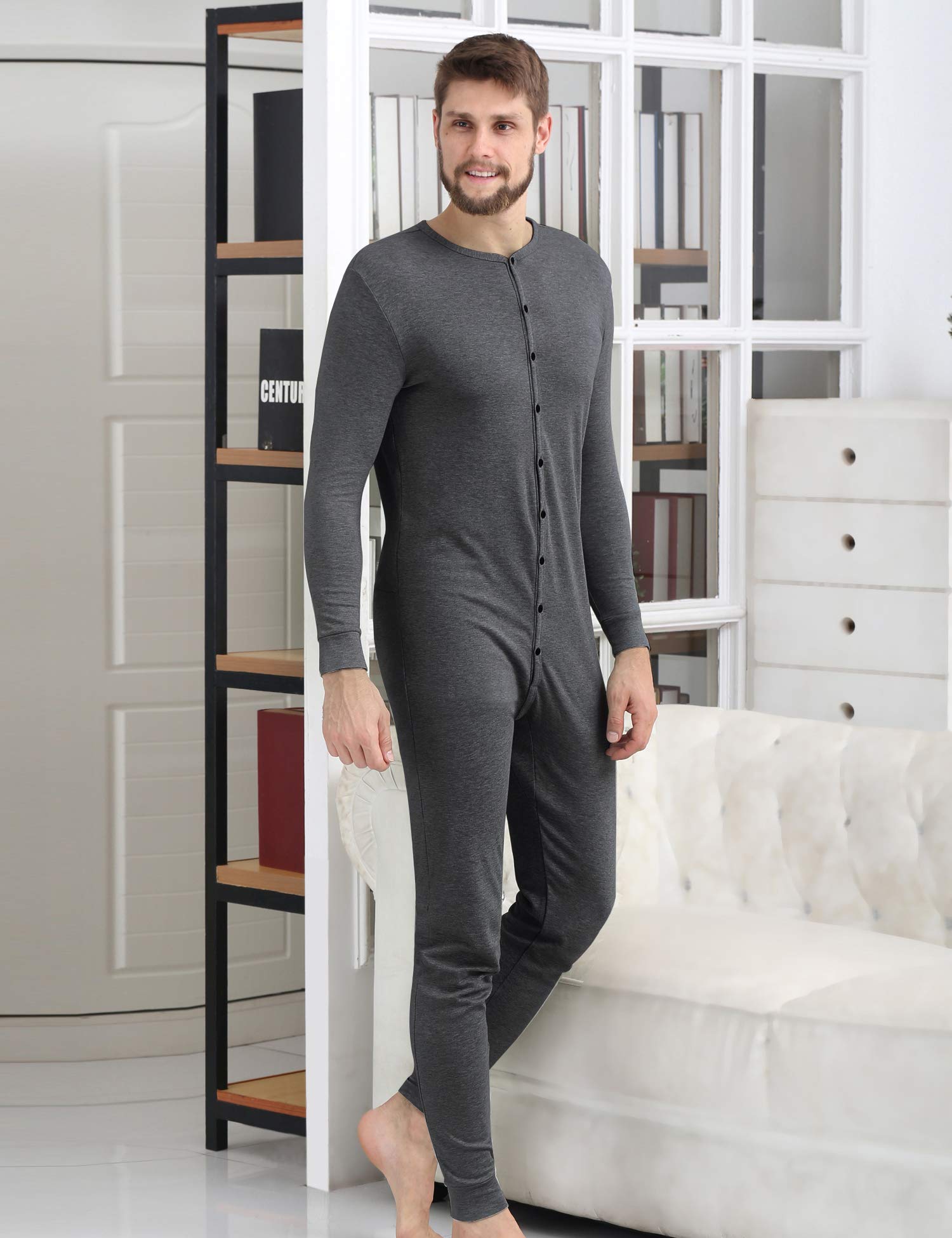 COLORFULLEAF Men's Cotton Thermal Underwear Henley Union Suits Onesies Base Layer (Dark Grey, M)