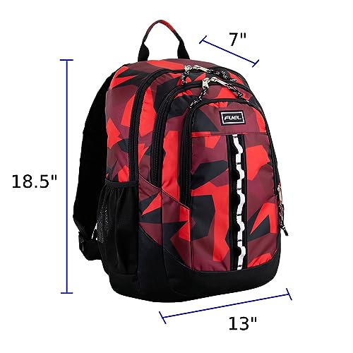 FUEL Large Multipocket Unisex Backpack with Water Resistant Bottom for Class, Travel, and Outdoors - Red Camouflage