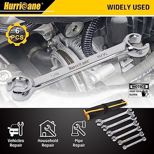 HURRICANE 6 Pc SAE Flare Nut Wrench Set, Brake Line Wrench Set, Size from 1/4" to 1", 6 Point, 15° Offset End, Ideal for Repair and Remove Nuts on Fuel, Tube, Hose, Transmission Lines in Tight Spaces