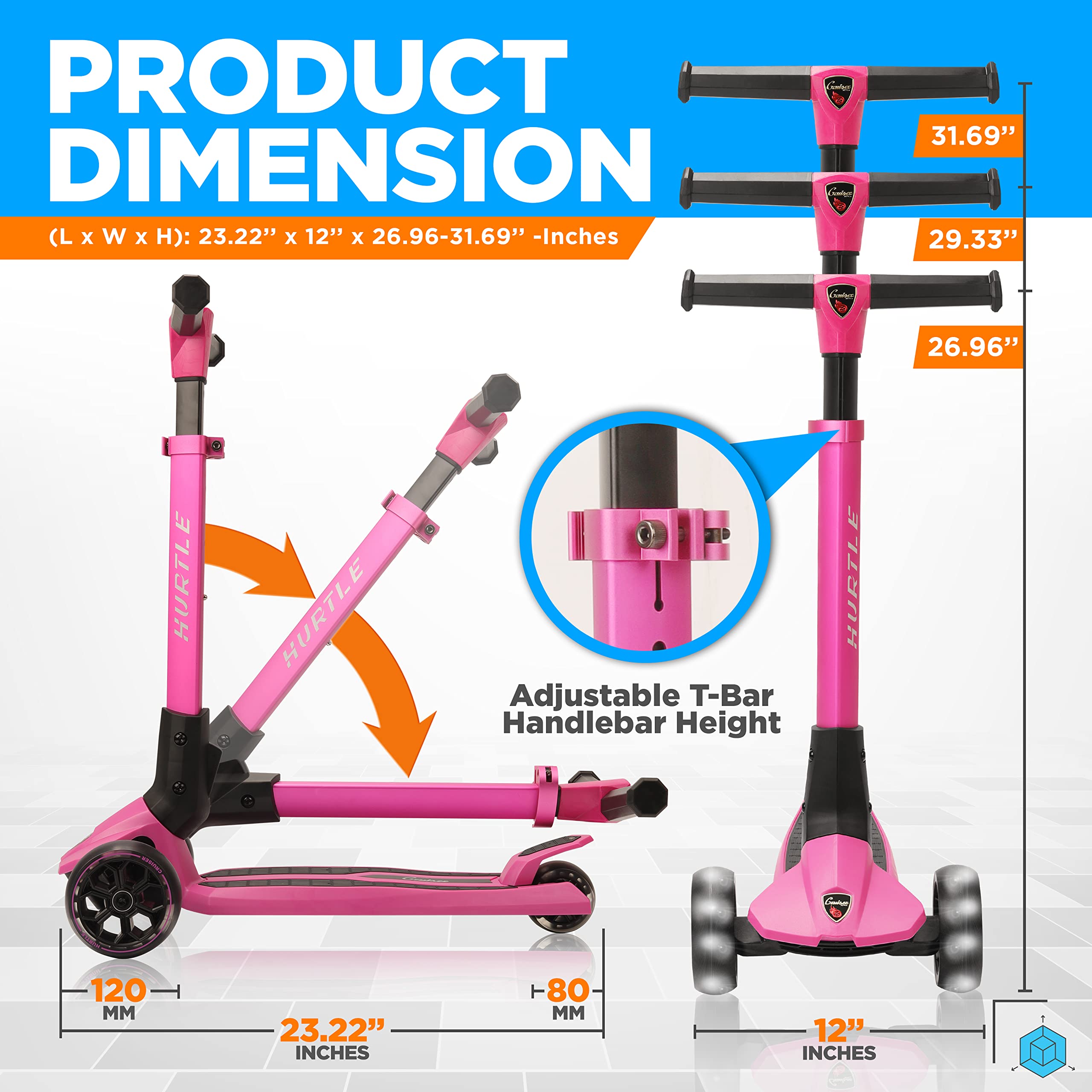 Hurtle 3 Wheeled Scooter for Kids - Foldable Stand Child Toddlers Toy Kick Scooters w/Built-in LED Wheel Lights, Anti-Slip Wide Deck, Adjustable Height, Great for Outdoor Fun -, Pink