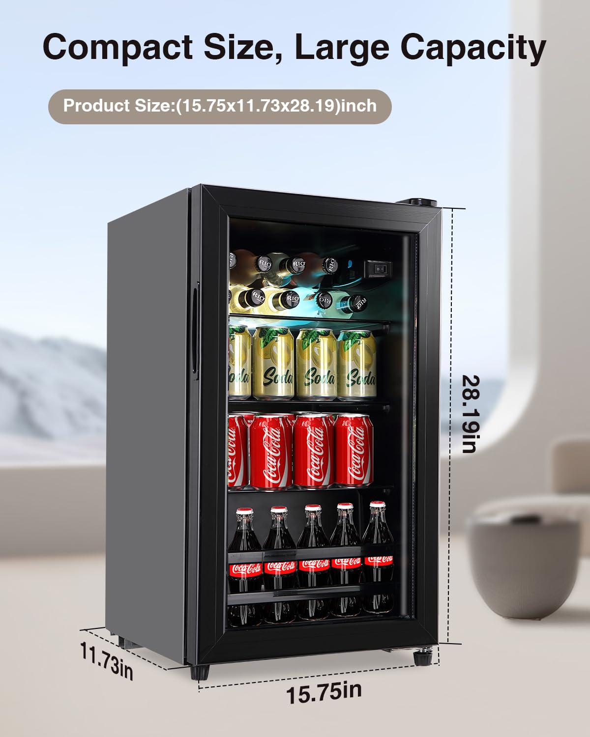 EUASOO FLB-60 Refrigerator Cooler-120 Can Freestanding Beverage Cooler with Glass Door-Small Drink Dispenser Machine for Office or Bar with Adjustable Removable Shelves, Black