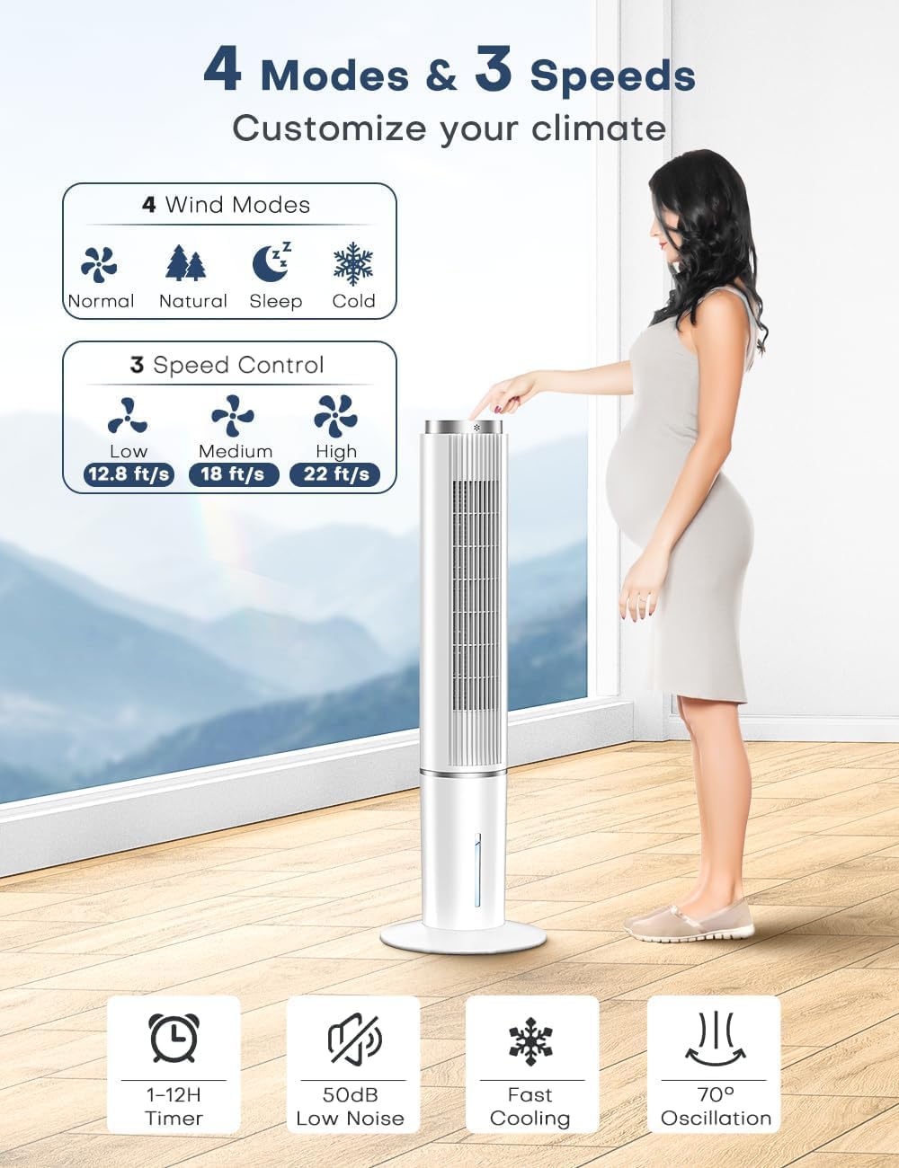 COOLECH 42 INCH Evaporative Air Cooler w/Remote &LED Touch Screen, 4 Mode &3 Speed, 1-Gal Tank for 15H Cooling, 12H Timer for Auto Off, 70°Oscillation Portable Swamp Cooler, Air Cooler for Room Patio