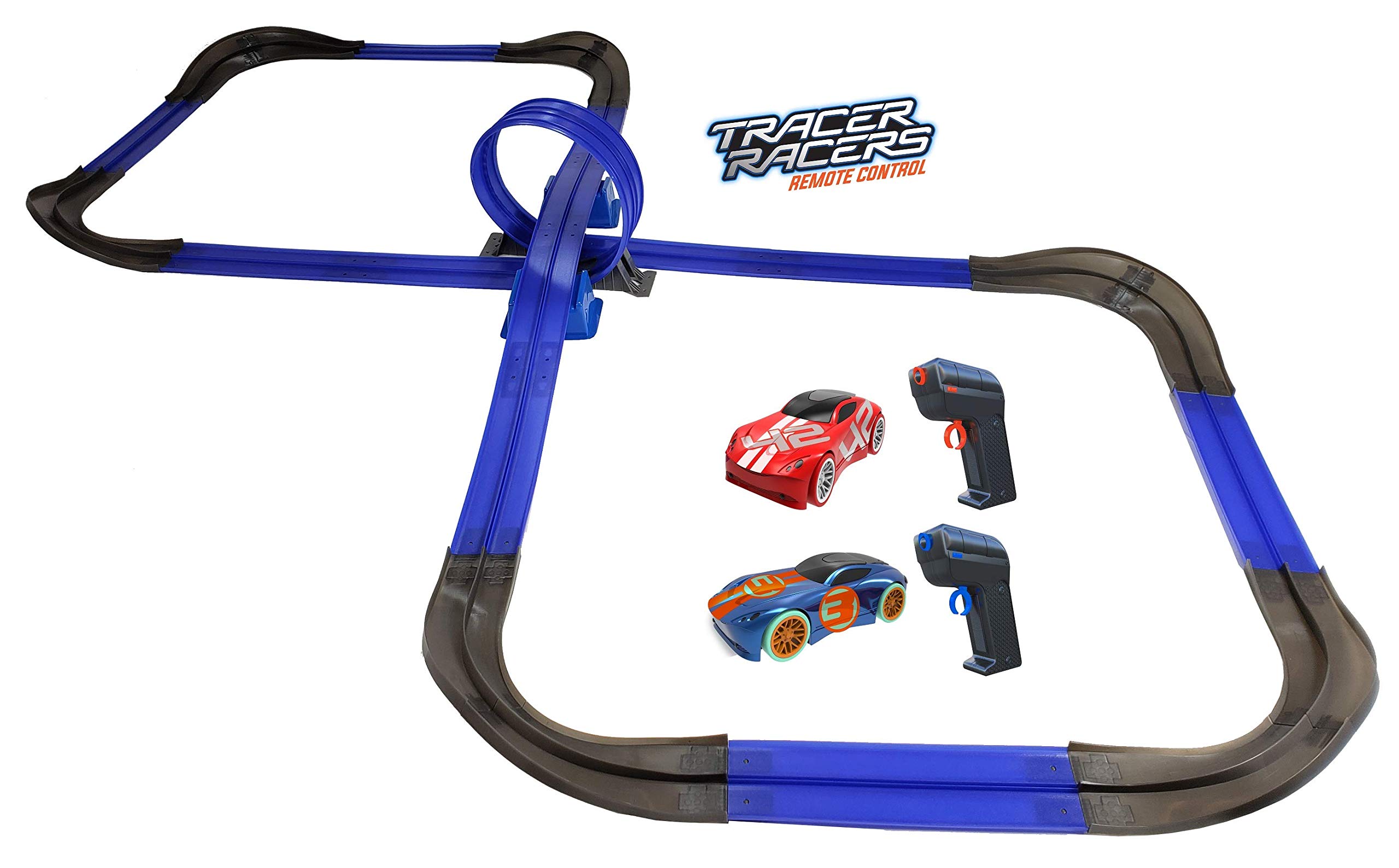 Tracer Racers Remote Control Cordless Glow in The Dark High-Speed Super 8 Speedway Track Set with Two Cars for Dual Racing, Glow Blue