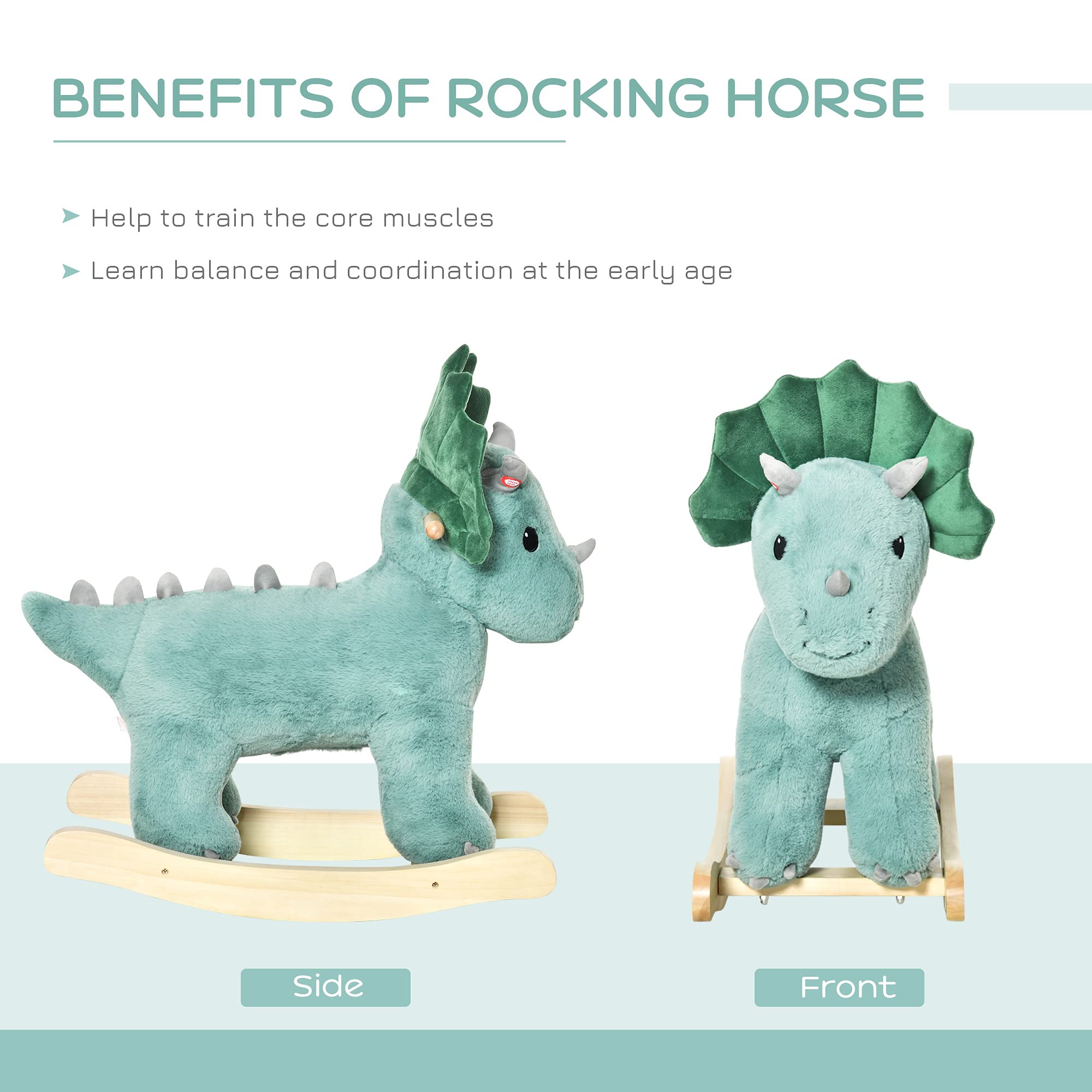 Qaba Kids Plush Ride-On Rocking Horse Triceratops-Shaped Plush Toy Rocker with Realistic Sounds for Child 36-72 Months Dark Green