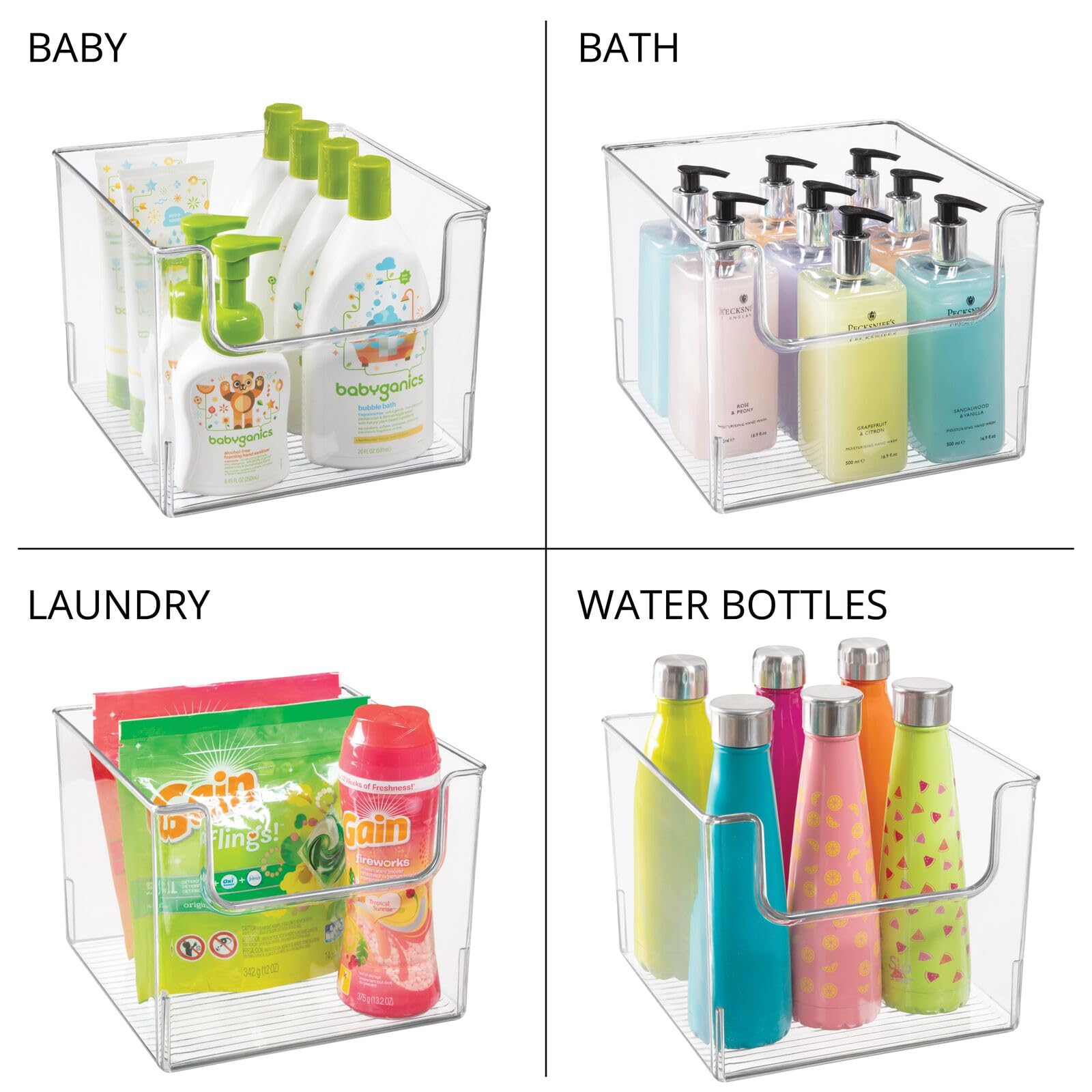 mDesign Plastic Household Storage Organizer Bins with Open Dip Front for Kitchen, Bedroom, Bathroom, Office, Craft or Playroom Organization - Holds Toys, Books - Ligne Collection, 4 Pack - Clear