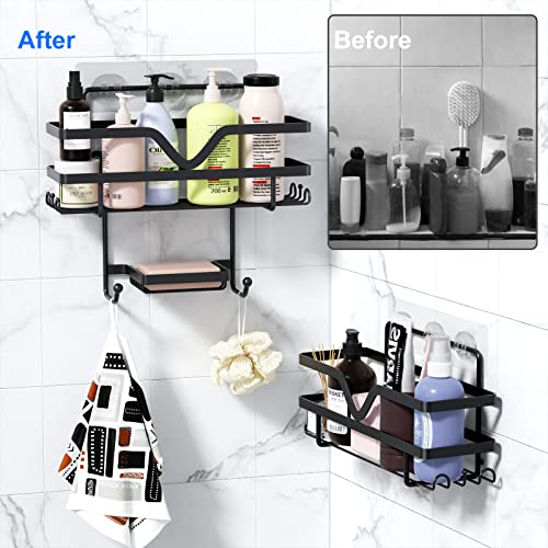 Gaseawolf Adhesive Shower Caddy, 2 Pack Shower Shelf with Soap Holder and Hooks, No Drilling Matte Black Bathroom Shower Organizer for Bathroom, Restroom, Shower Room, Toilet, Kitchen