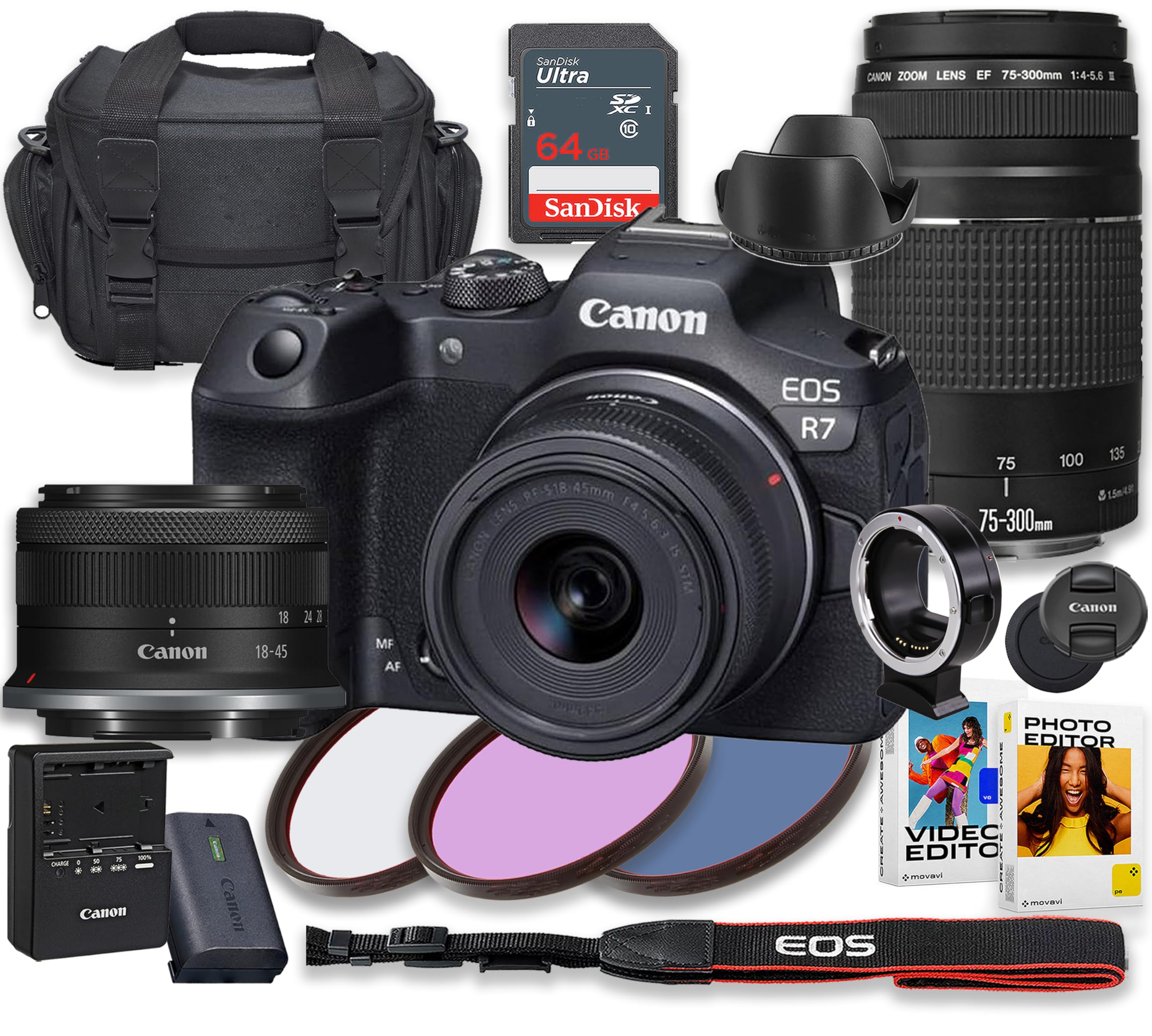 Canon EOS R7 Mirrorless Camera w/Canon RF-S 18-45mm is STM Lens and EF 75-300mm III Lens + Memory Card + Case + EOS R Adapter & More
