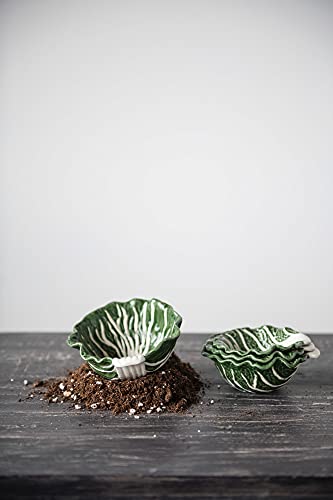 Creative Co-Op Hand-Painted Cabbage Shaped Stoneware, Set of 4 Bowl, Green, 4