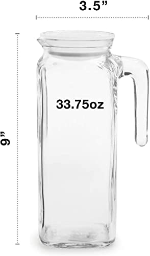 Friwer Glass Jug With Airtight Frosted Lid, Easy Pour Spout & Handle – For Water, Juice, Iced Coffee & Iced Tea, 34 Ounce (1 Liter)