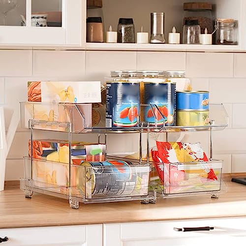 Frogued Desktop Rack 2 Tier Clear Organizer with Dividers, Multi-Purpose Slide-Out Storage Container for Bathroom and Kitchen Counter, Medicine Cabinet Storage Bins, Under Sink Closet Organization Cl
