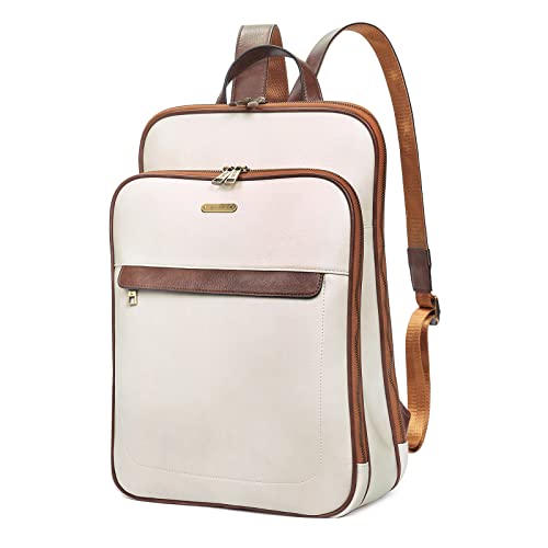CLUCI Leather Laptop Backpack Purse for Women 15.6 inch Computer Backpack Stylish Travel Bag Daypack Beige with Brown