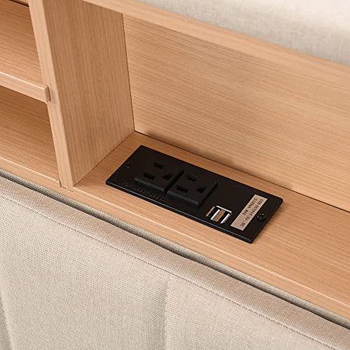 Full Bed Frame with Charge Upholstered Platform Bed with Storage Headboard, Outlets and USB Ports, No Box Spring Needed, Easy Assembly, Beige