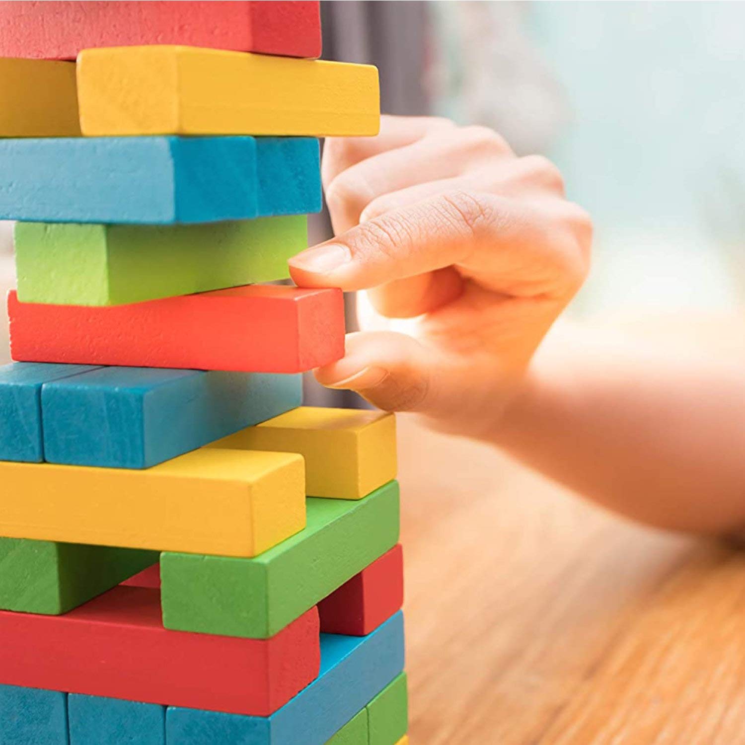 Pidoko Kids Wooden Stacking Building Blocks (49 Pcs) - Colorful Tumbling Blocks Board Games for Family Game Night - Montessori Toys Gifts, includes Storage Bag