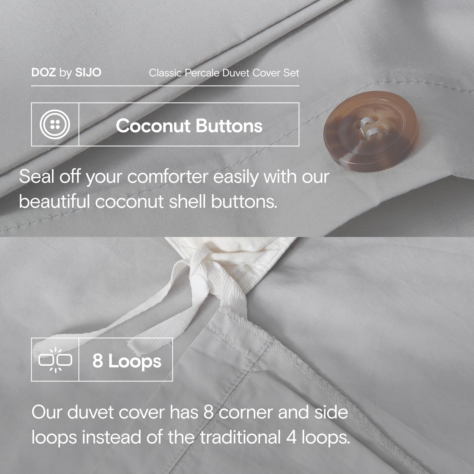DOZ 100% Long Staple Cotton Duvet Cover Sets, Classic Crisp Percale Weave, Breathable, Matte Finish, Hotel Comfort, 106"x90", 8 Loops, 3pc β 2 Pillowcases 1 Duvet Cover (Dove, King/Cal King)