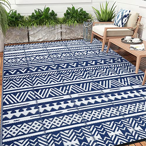 HiiARug 5'x8' Reversible Outdoor Rug, Plastic Straw Rugs, Large Floor Mat and Rug for RV, Patio, Backyard, Deck, Picnic, Beach, Trailer, Camping(Navy/White)