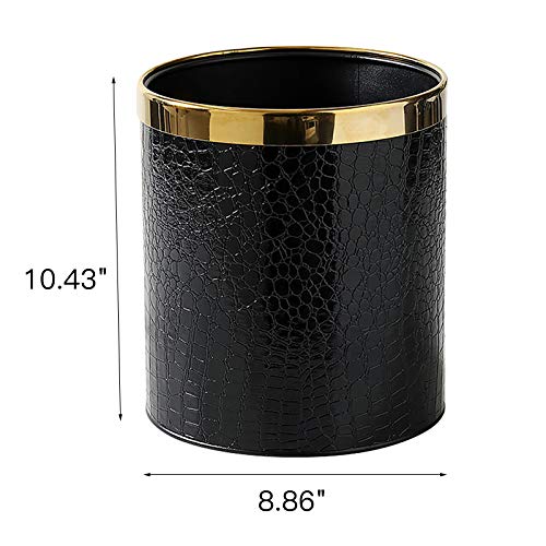 Huaqinglian Small office trash can garbage can Metal Open top wastebasket bin with removable gold ring which for hold garbage bag for Bathroom,Living room,bedroom Using (Black Crocodile Pattern)
