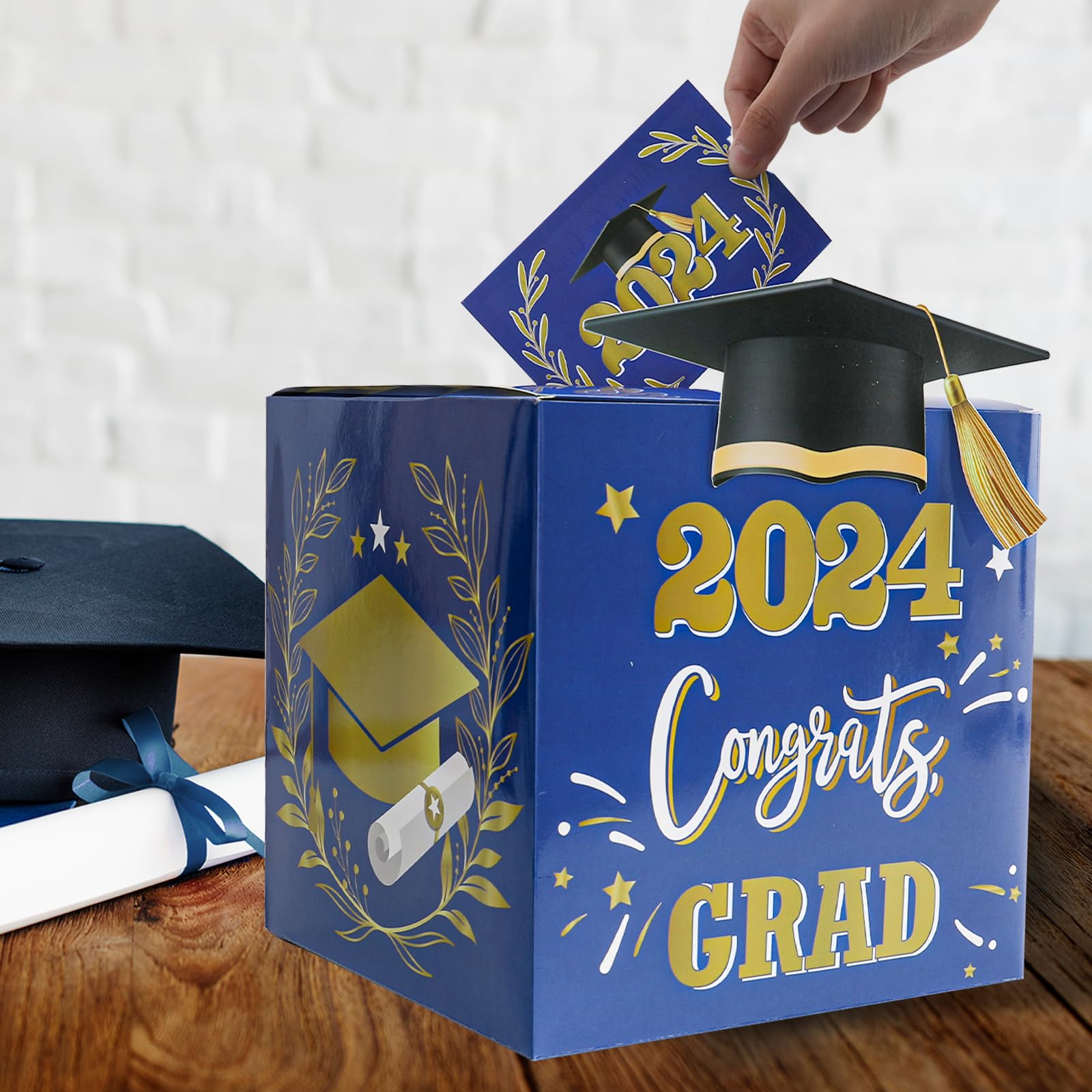 FengRise Graduation Cap Card Box, 2024 Class - Includes 36 Pcs Grad Cards, Blue Gold, Storage Box for Graduation Party Decorations, Gift Card Holder, Reusable, 7.87*7.87inch/20*20cm