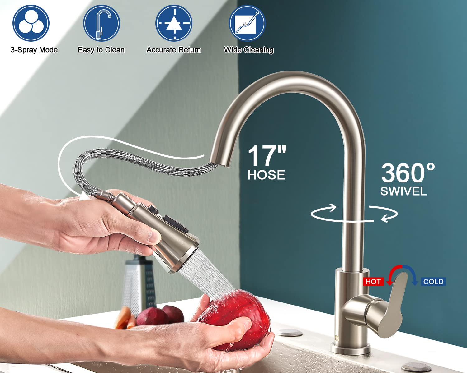 Kitchen Faucet with Pull Down Sprayer VMASSTONE Single Level Stainless Steel Kitchen Sink Faucet with 3-Spray Mode Single Handle High Arc Modern Faucet for Kitchen, RV, Bar (Brushed Nickel)