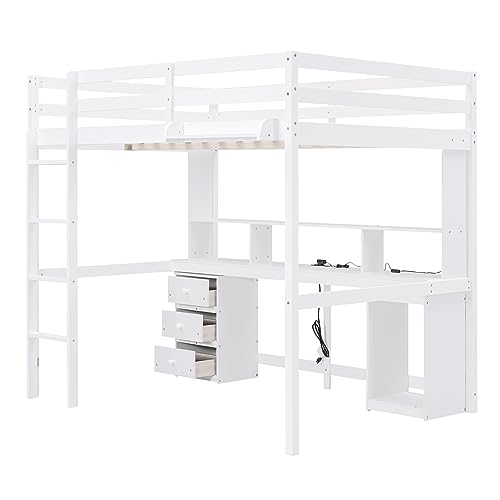 Full Loft Bed with Desk and LED Lights, Wooden Full Size Loft Bed with Storage and Charging Station, High Loft Bed Frame for Kids,Teens, Adults, No Box Spring Needed (Full, White)