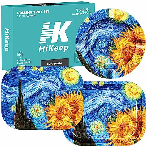 HiKeep Rolling Tray Set of 3, Metal Rolling Tray with PVC Soft Magnetic Lid - 7 x 5.5, Ashtray - 5.8" (Art Design)
