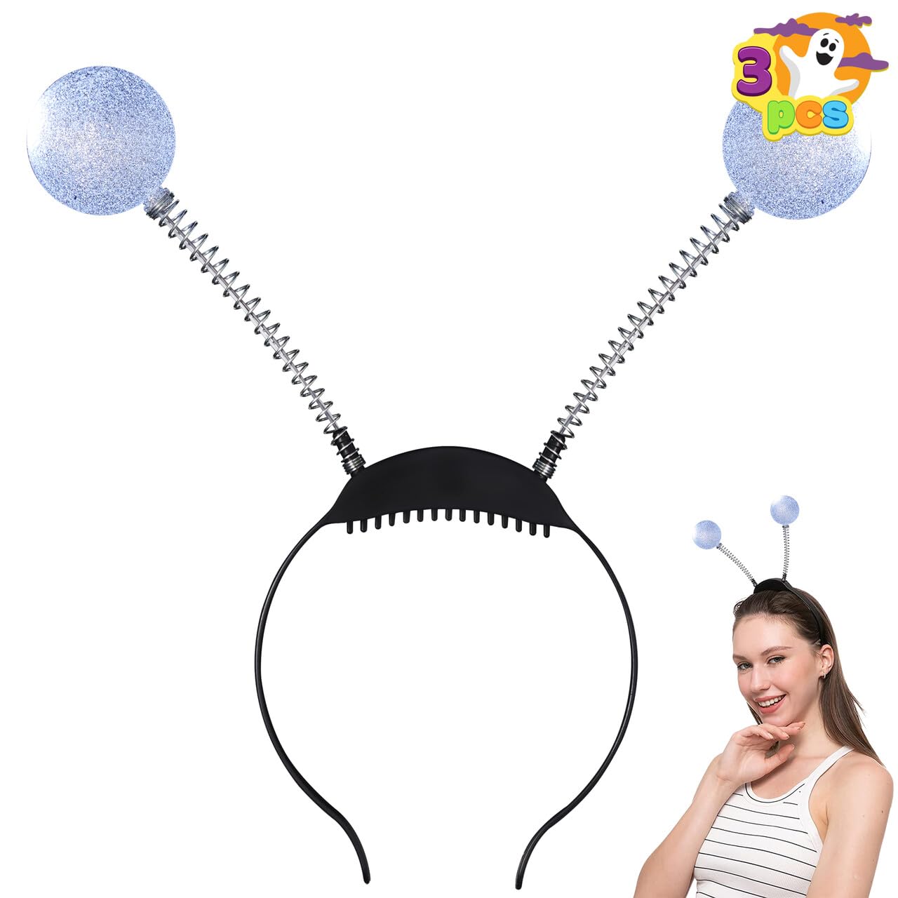 JOYIN 3 Pack LED Silver Martian Antenna Headband, Light UP Alien Headbands Head Bopper Balls, Glowing Martian Headbands Set, Alien Headpiece, Party Halloween Costume Accessories Party Favor