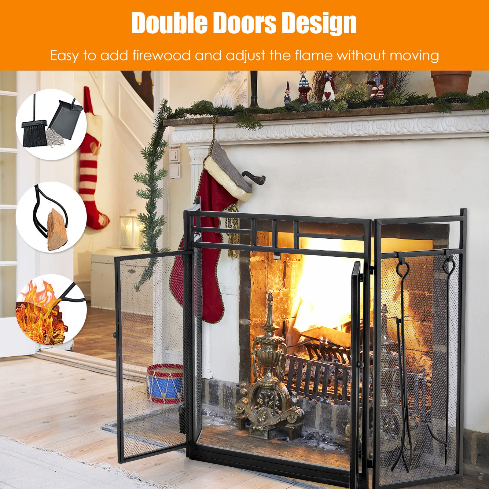 Tangkula 3-Panel Folding Fireplace Screen with Magnetic Hinged Doors, Fire Spark Guard with Fireplace Tools Set, Wrought Iron Decorative Mesh Cover with Wood Burning Stove Accessories, Black