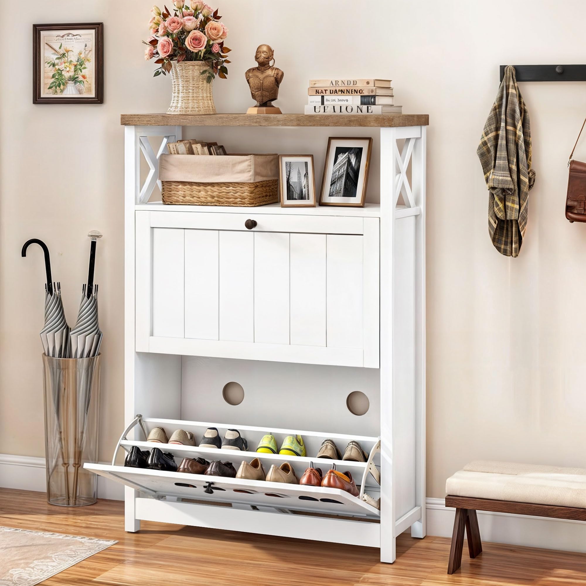 DWVO Shoe Cabinet Entryway, White Shoe Storage Cabinet with 2 Flip Drawers, Free Standing Hidden Narrow Shoe Rack Shoe Storage Organizer for Entryway/Hallway/Closet, White