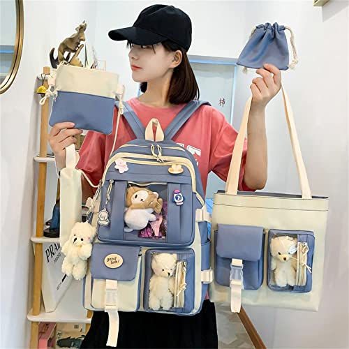 Kawaii Backpack 5Pcs School Backpack Aesthetic School Bag with BadgePlush Pendan Shoulder BagPencil BoxTote BagSmall Bag(blue rice)
