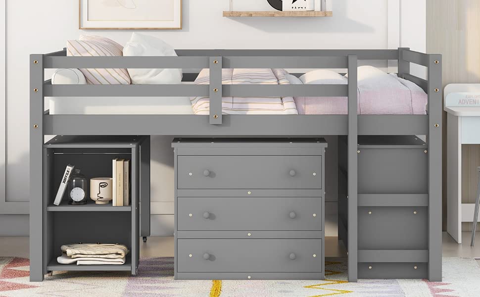 Full Size Loft Bed Frame with Rolling Portable Desk and Cabinet, Wooden Low Study Bedroom Loft Bed with 3 Storage Drawers, Bookshelf, Ladder and Safety Guardrails, Not Included Mattress, Gray