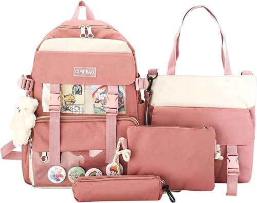 Kawaii Backpack Casual Bags Cute Aesthetic Backpacks with badge and pendant, shoulder bag, pencil case, handbag (Pink)