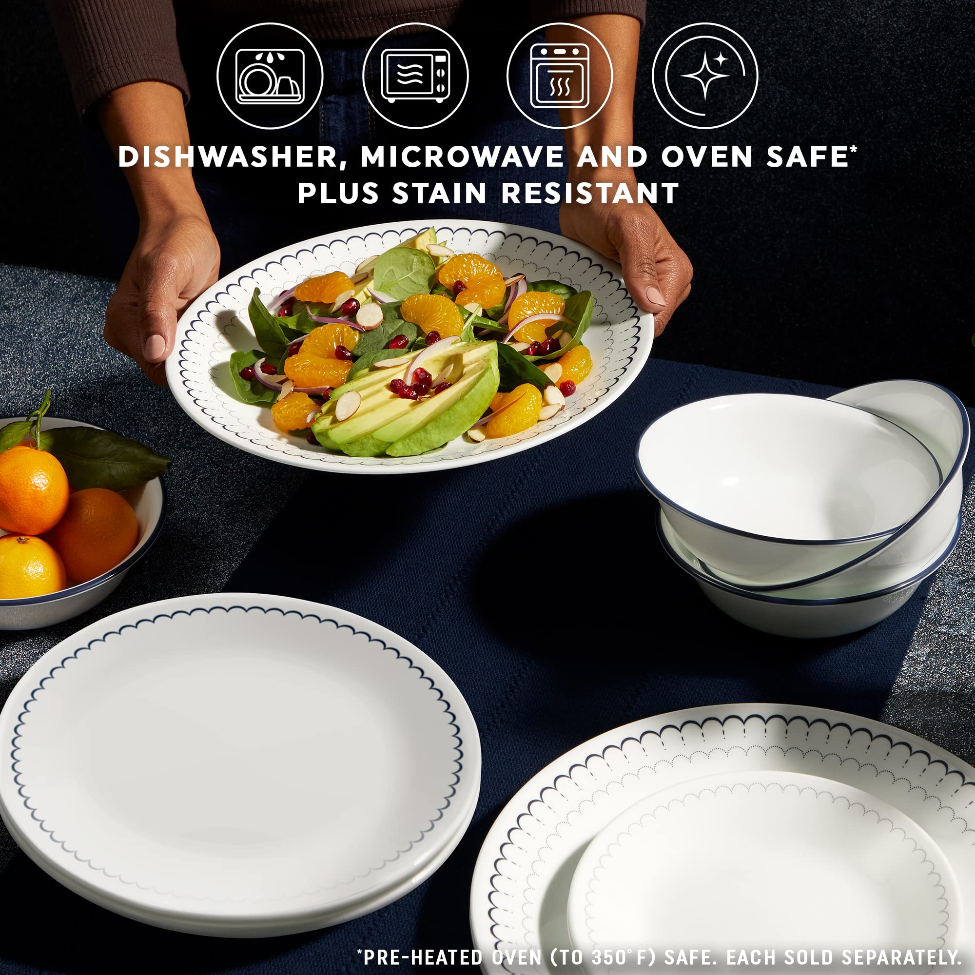 Corelle 6-Piece 8.5" Lunch Round Plates, Vitrelle Triple Layer Glass, Lightweight Round Plates, Salad Plates, Chip and Scratch Resistant, Microwave and Dishwasher Safe, Caspian, Medium, Portofino