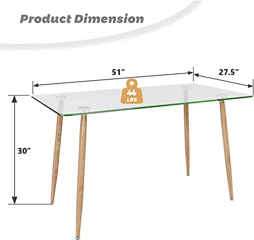 Tangkula Glass Dining Table, Modern Rectangular Table with Spacious Tempered Glass Tabletop & Wood Grain Steel Legs, Simplistic Kitchen Table, 51 x 27.5 x 29.5 Inch, Versatile Table for Home Office