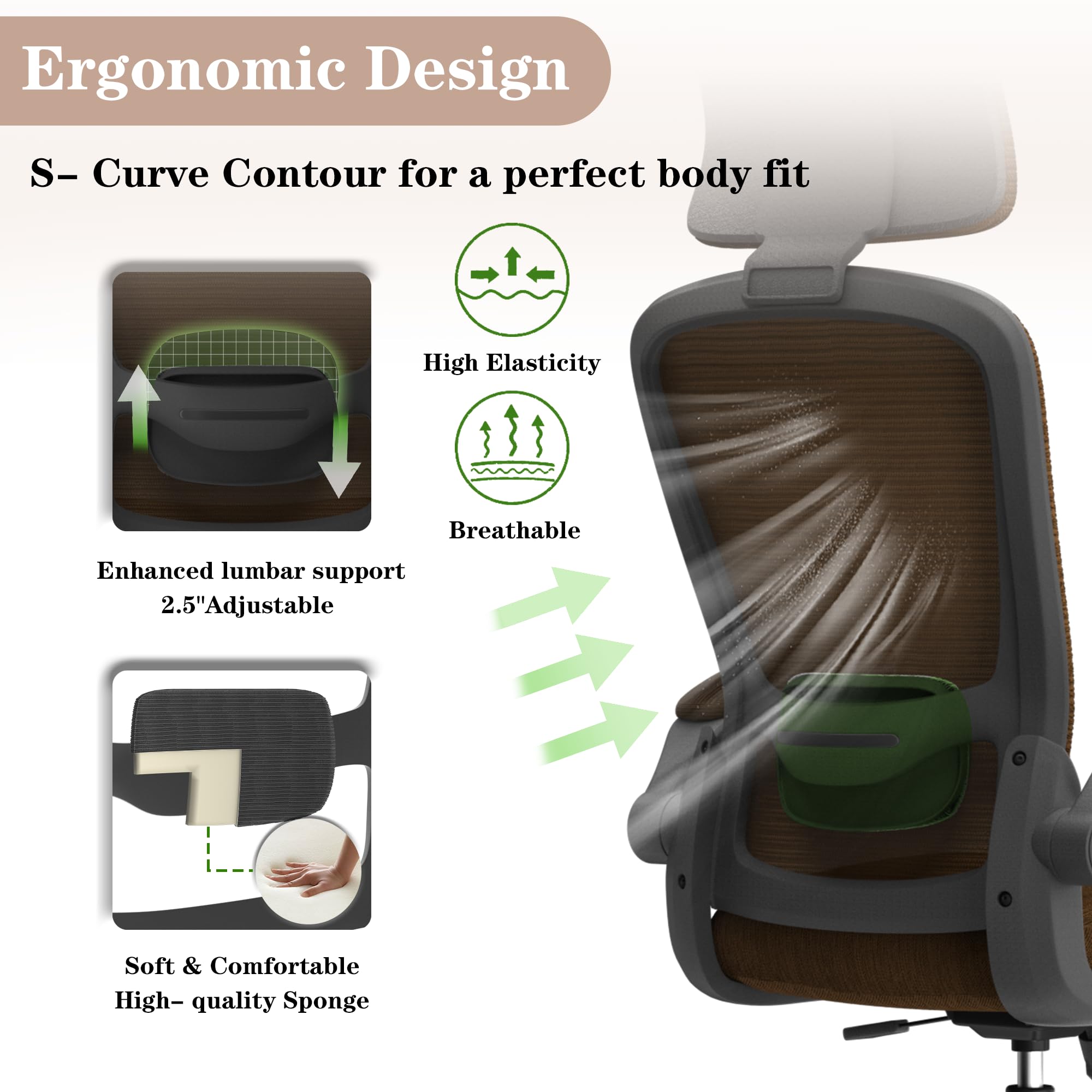 Ergonomic Mesh Home Office Chair | High Back Computer Desk Chair with Adjustable Lumbar Support & Headrest | Swivel Task Chair with Flip-Up Armrests for Home & Office (Classic, Black)