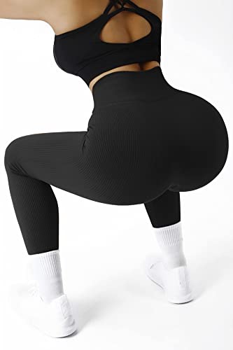 MOSHENGQI Womens High Waisted Seamless Ribbed Leggings Soft Slimming Yoga Pants(M,00-Black)